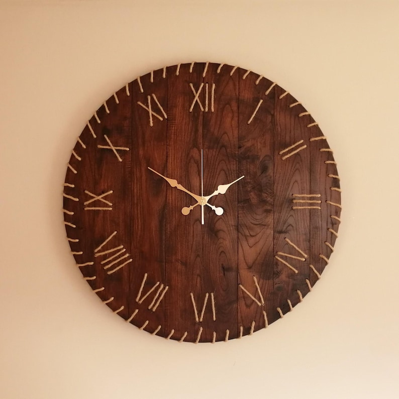 Large Wooden Wall Clock With Rope, Modern Handmade Livingroom Wall ...