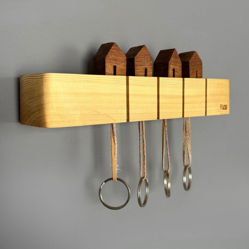 Handcrafted Wooden Key Holder With Leather Accents, Key Hanger With ...