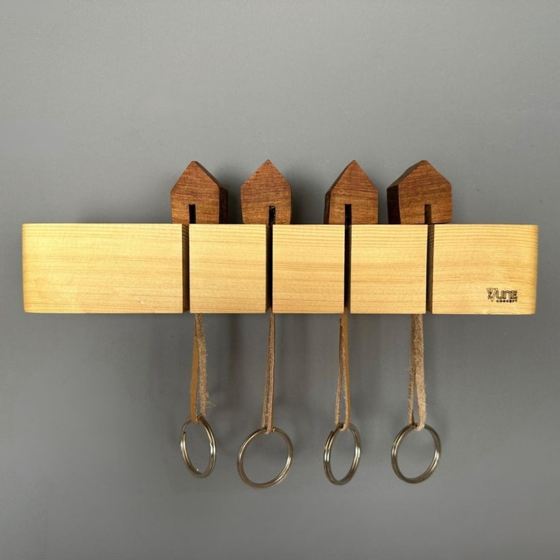 Handcrafted Wooden Key Holder With Leather Accents, Key Hanger With ...