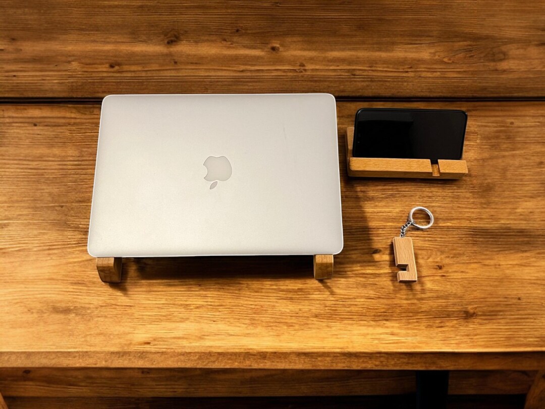 Wooden Desk Organizer Set - Laptop Stand, Phone Holder, and Keychain - Etsy