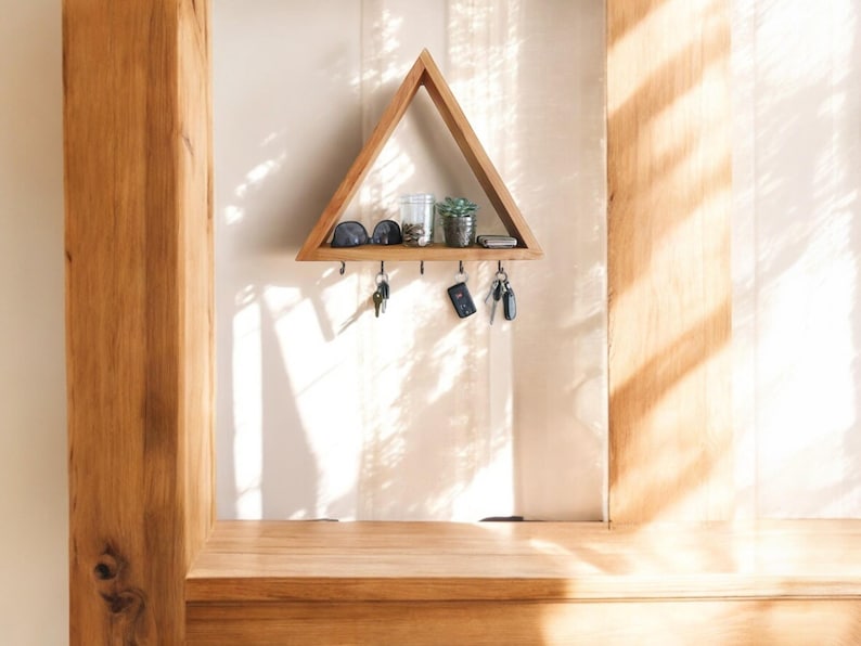 Handmade Wooden Triangle Shelf With Key Hooks , Modern Wall-mounted ...
