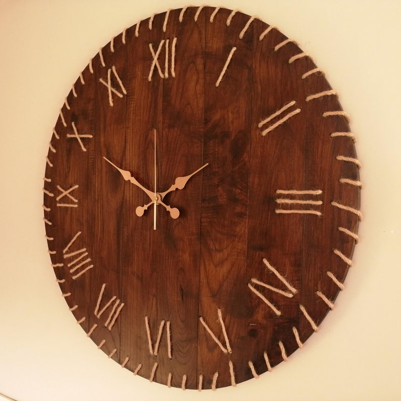 Large Wooden Wall Clock With Rope, Modern Handmade Livingroom Wall ...