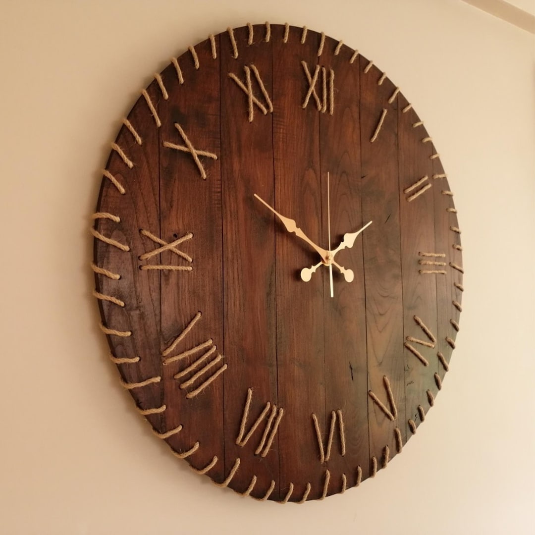 Large Wooden Wall Clock With Rope, Modern Handmade Livingroom Wall ...