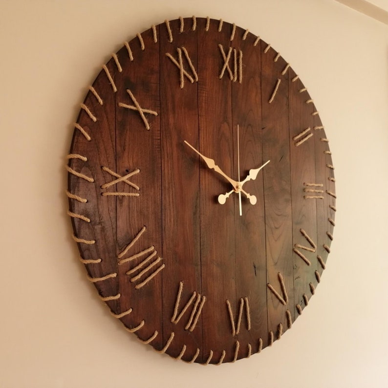 Large Wooden Wall Clock With Rope, Modern Handmade Livingroom Wall ...