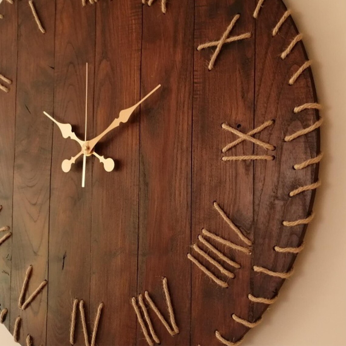 Large Wooden Wall Clock With Rope, Modern Handmade Livingroom Wall ...