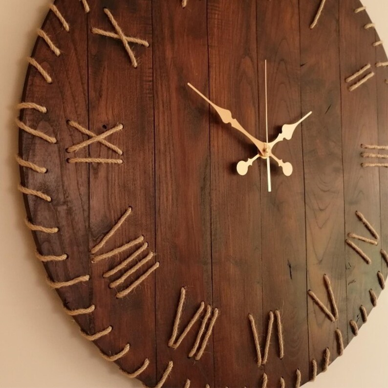 Large Wooden Wall Clock With Rope, Modern Handmade Livingroom Wall ...