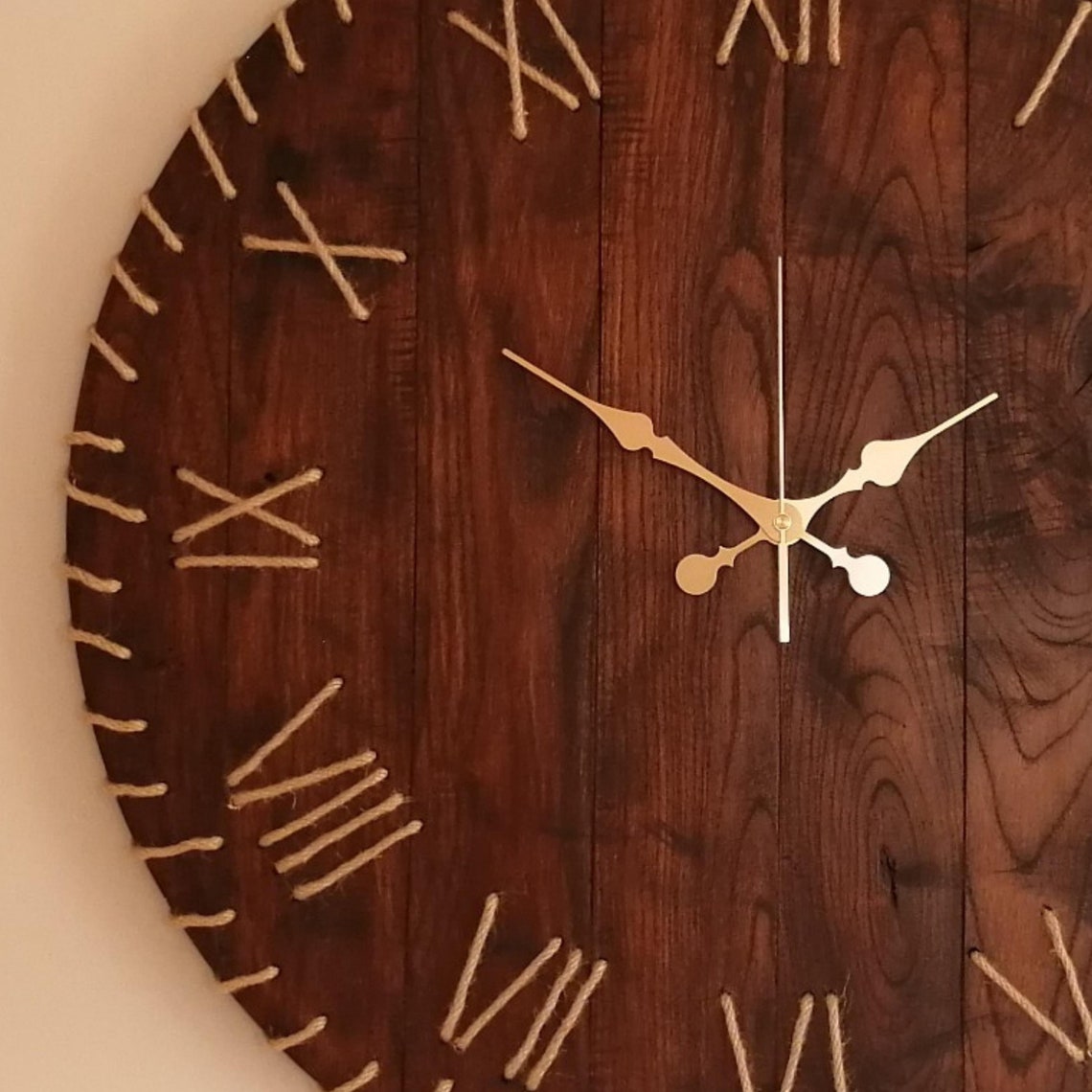 Large Wooden Wall Clock With Rope, Modern Handmade Livingroom Wall ...