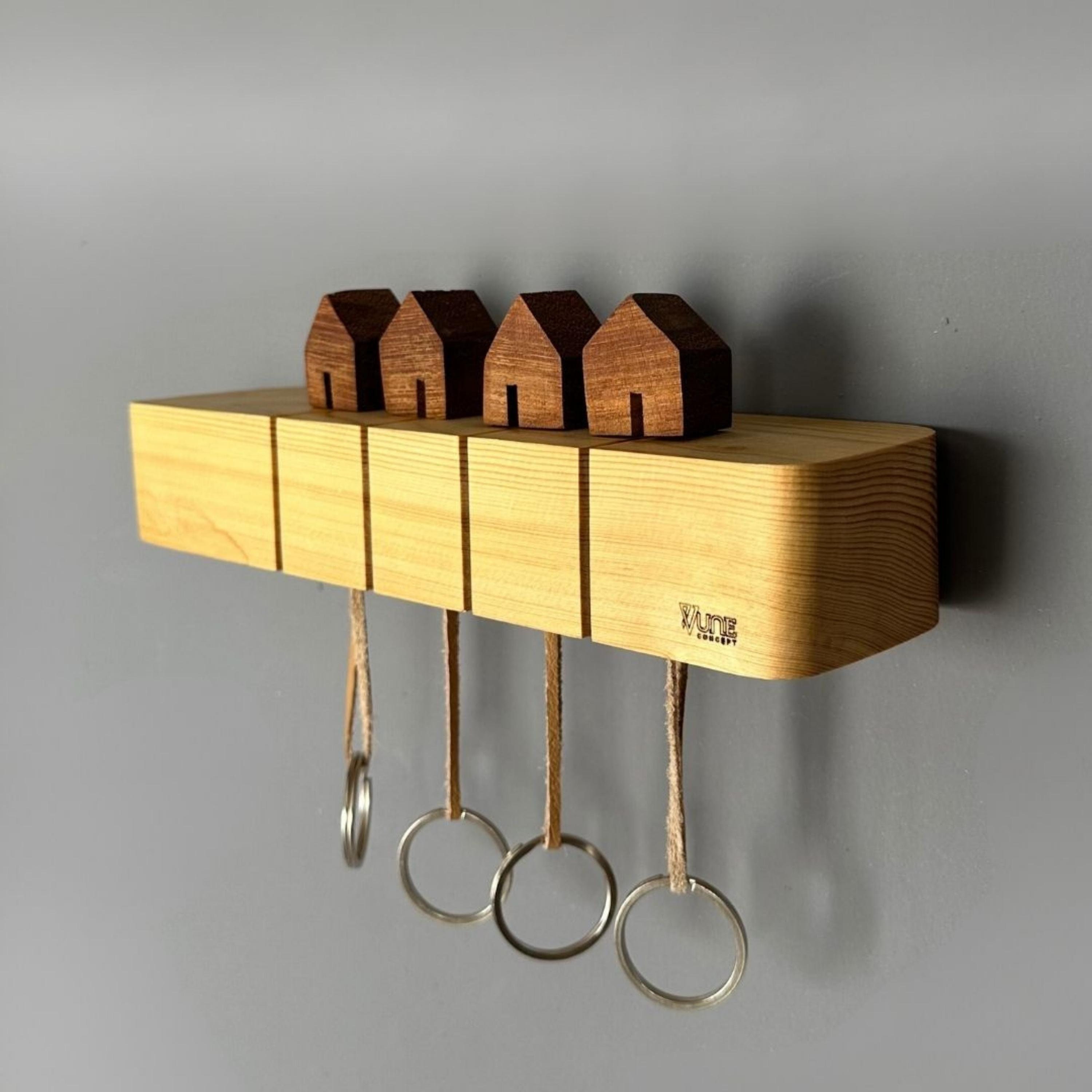Handcrafted Wooden Key Holder With Leather Accents, Key Hanger With ...
