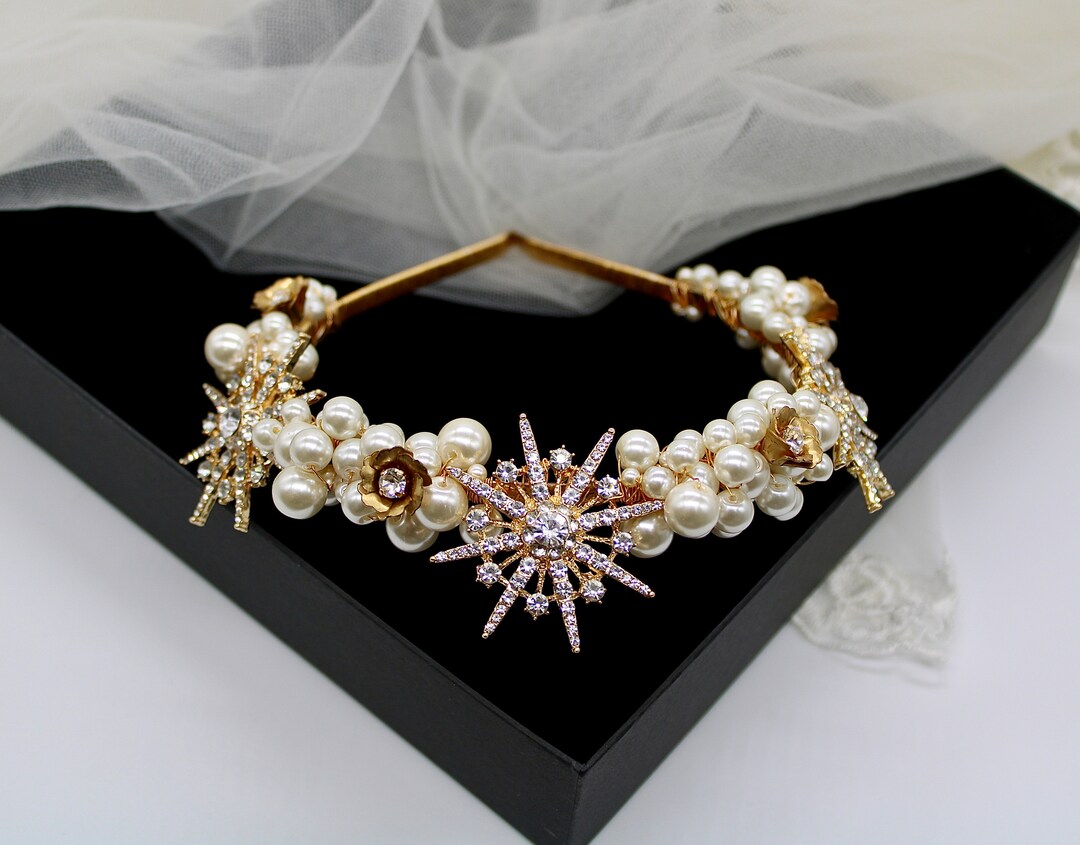 ARYA Gold Star Halo Crown, Celestial Headpiece, Star Bridal Crown ...