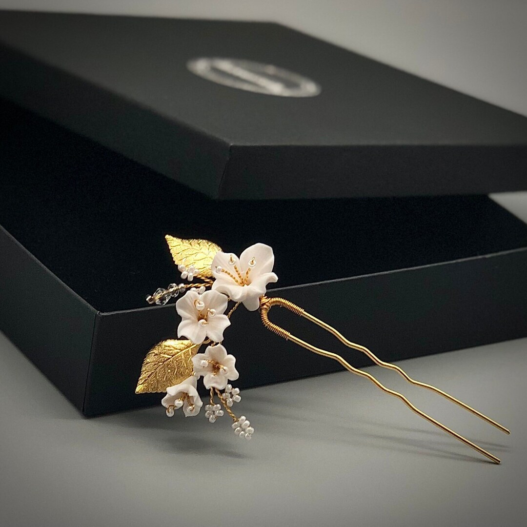 Gold Floral Hairpin Gold Wedding Hairpin White Flower - Etsy