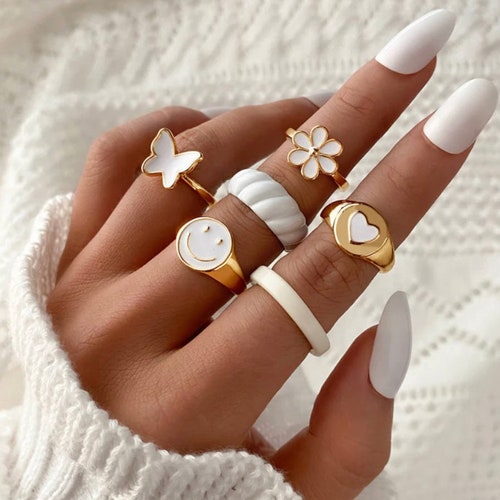 8 Piece Set Metal Gold Heart Rings Pink Boho Jewelry - Etsy