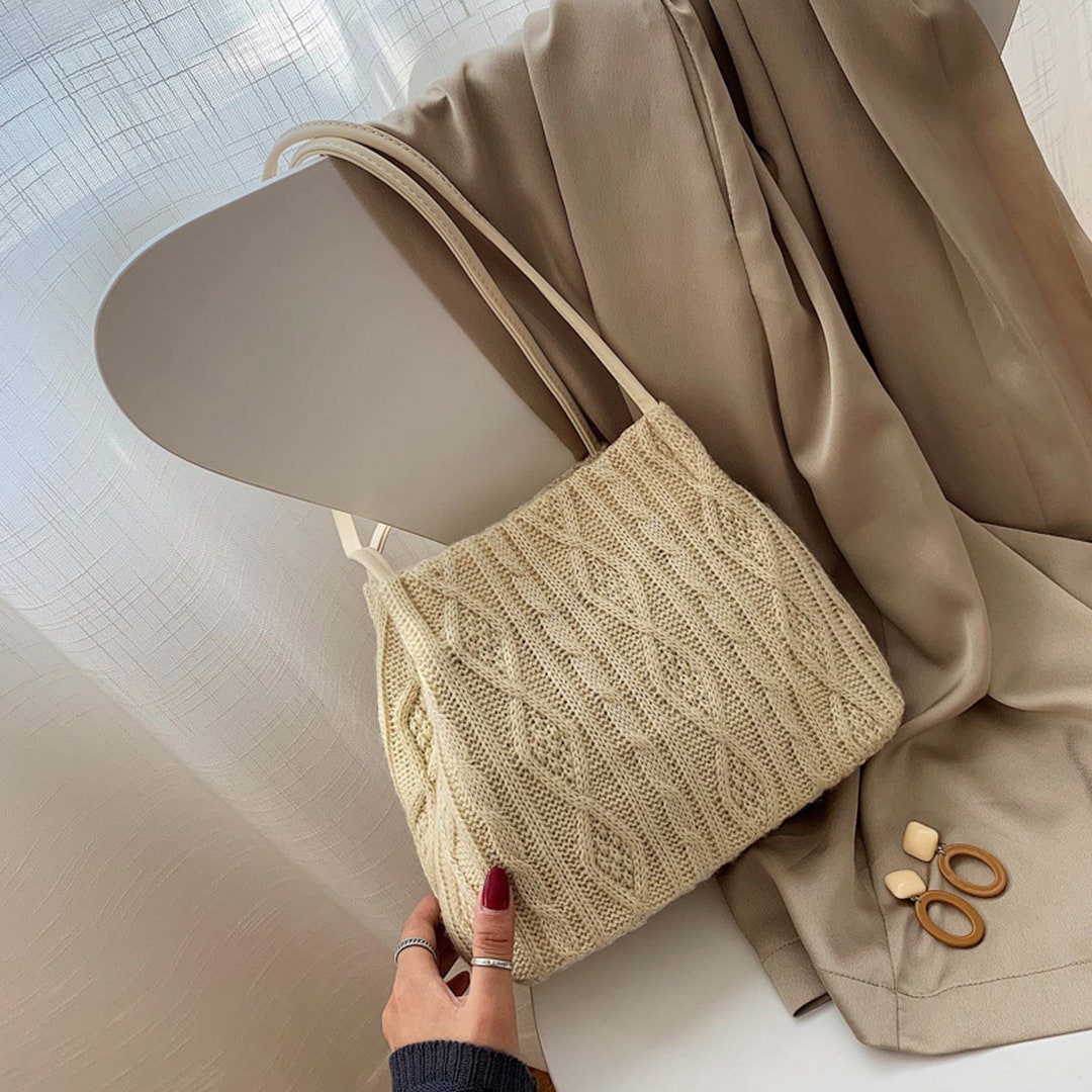 Beige Crochet Bag Solid Color Knitted Bag Handmade Crochet - Etsy