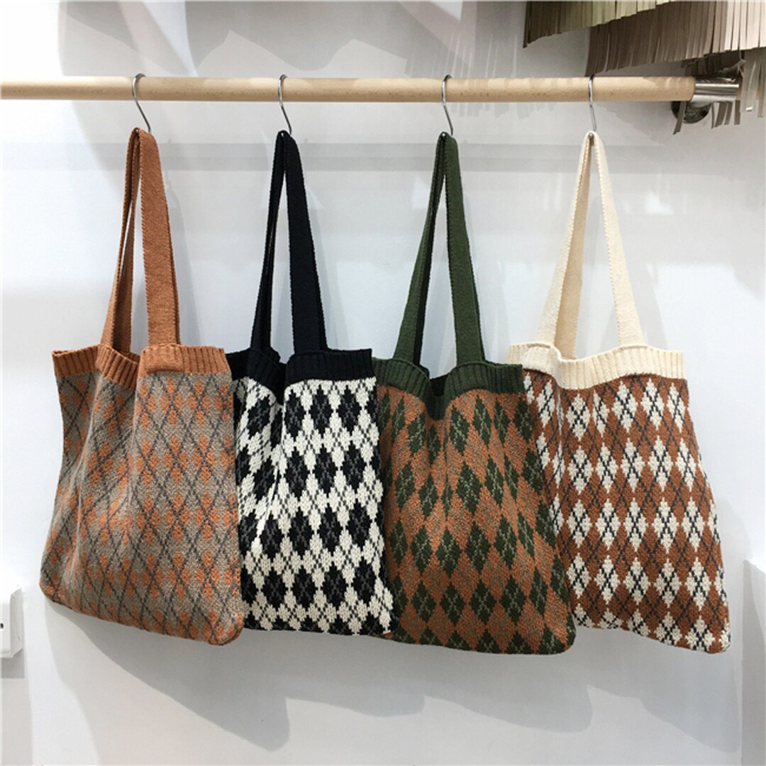 Vintage Crochet Bag Boho Checkered Crochet Tote Bag Handmade - Etsy