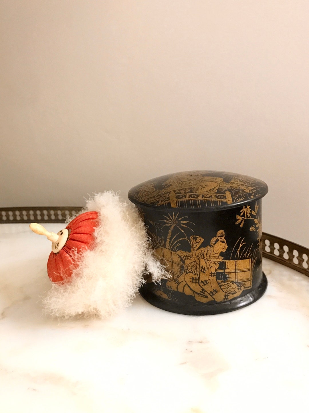 Original Vintage French chinoiserie black papie mache powder box ...