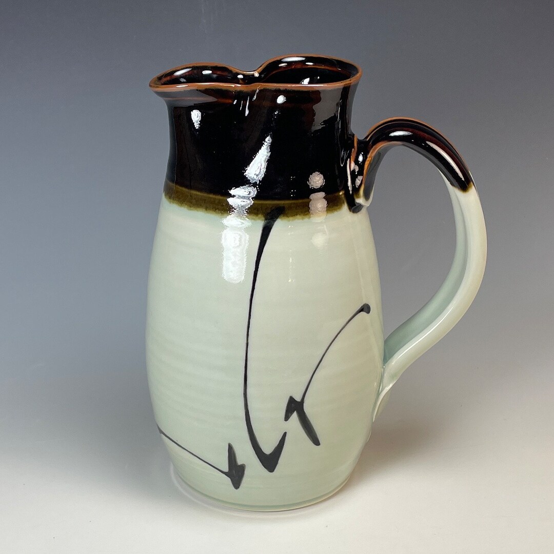 Handthrown Porcelain Pitcher 8x6x5 With Brushwork Under Celadon Glaze ...