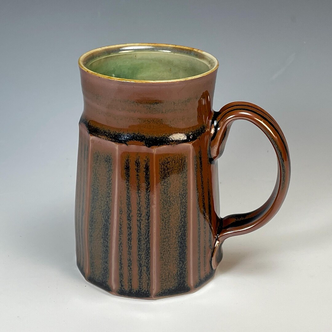 Stoneware Mug 4.75x4.75x3.5 Faceted With Temmoku Glaze and Oribe Inside ...
