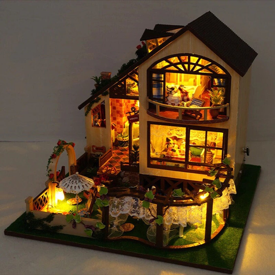Diy Wooden Dollhouse Kit With Lights And Furniture European Etsy