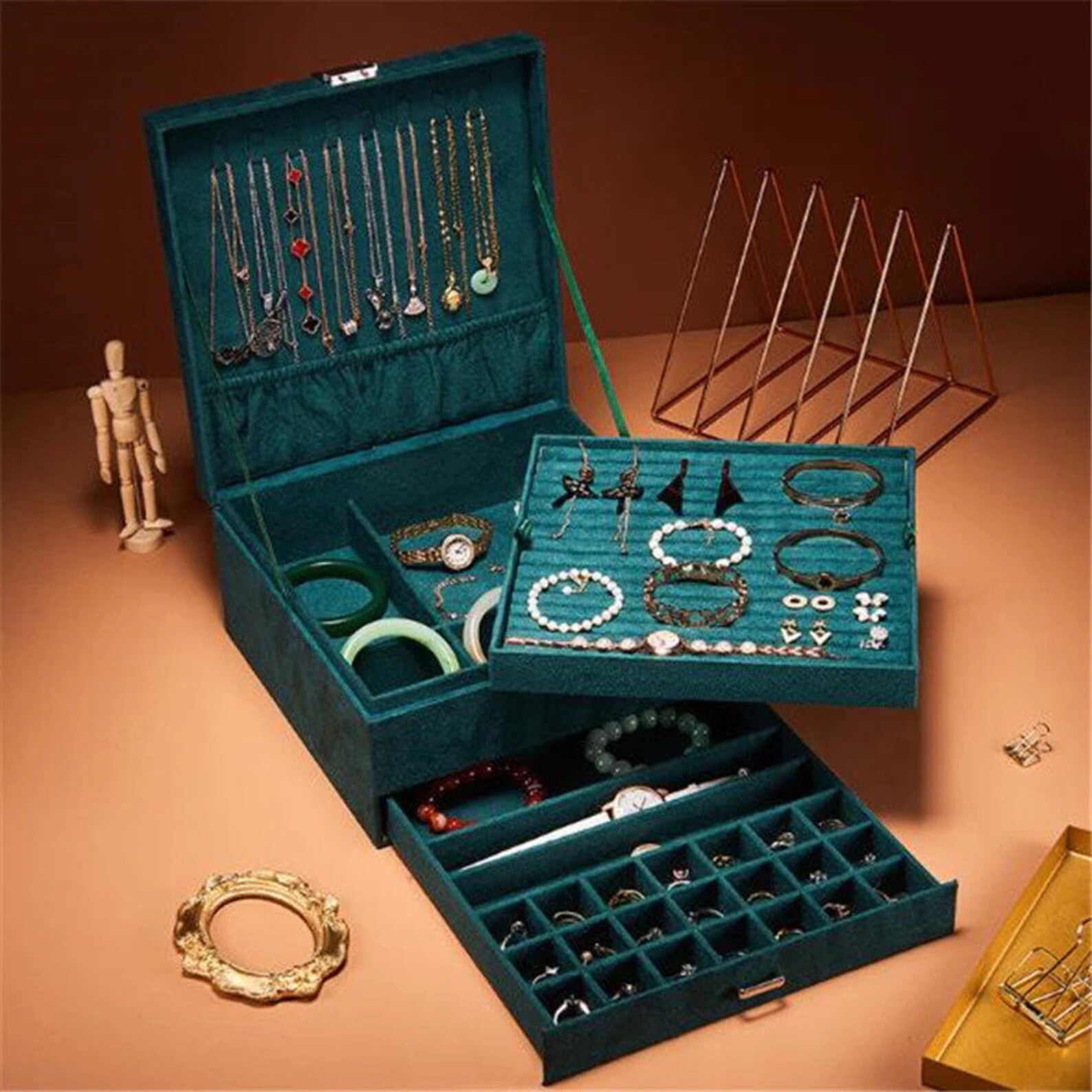 Large Jewelry Box With Lock 3-layers Flannel Jewelry Organizer - Etsy