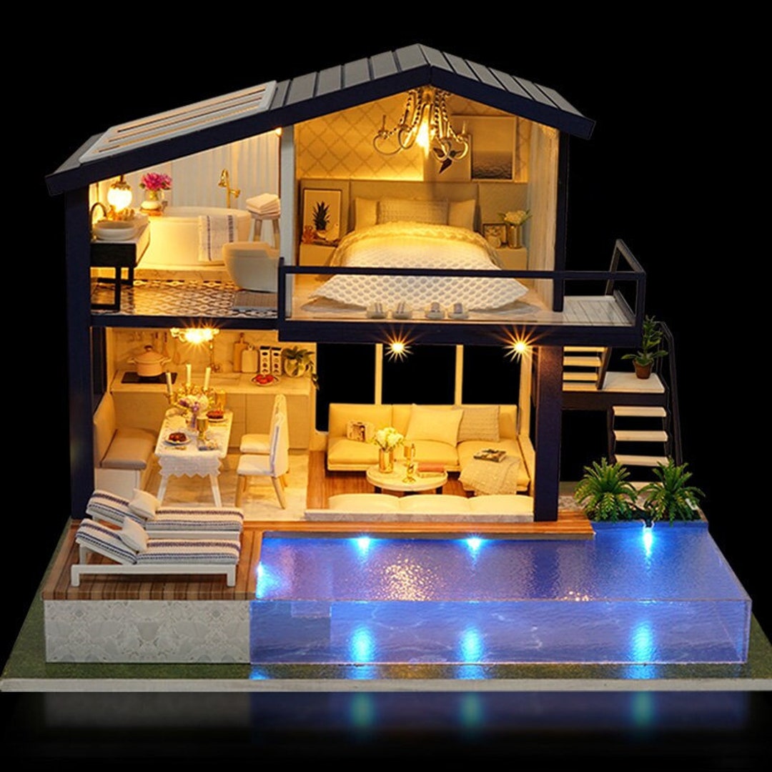 Diy Wooden Dollhouse Kit Pool Apartment With Furniture Toys Etsy