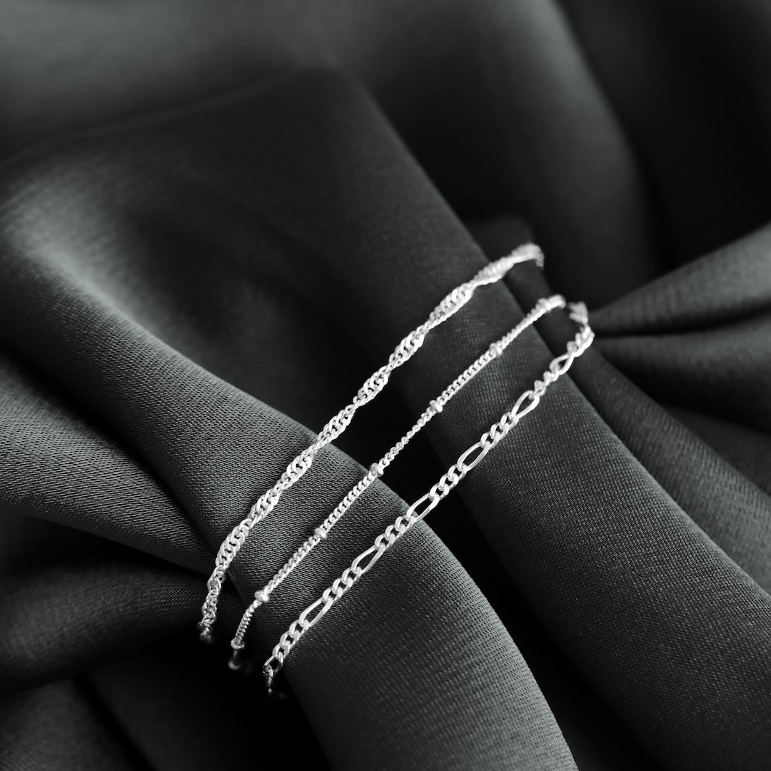Sterling Silver Bracelets Set for Women, Minimalist Chain Silver Stacks ...