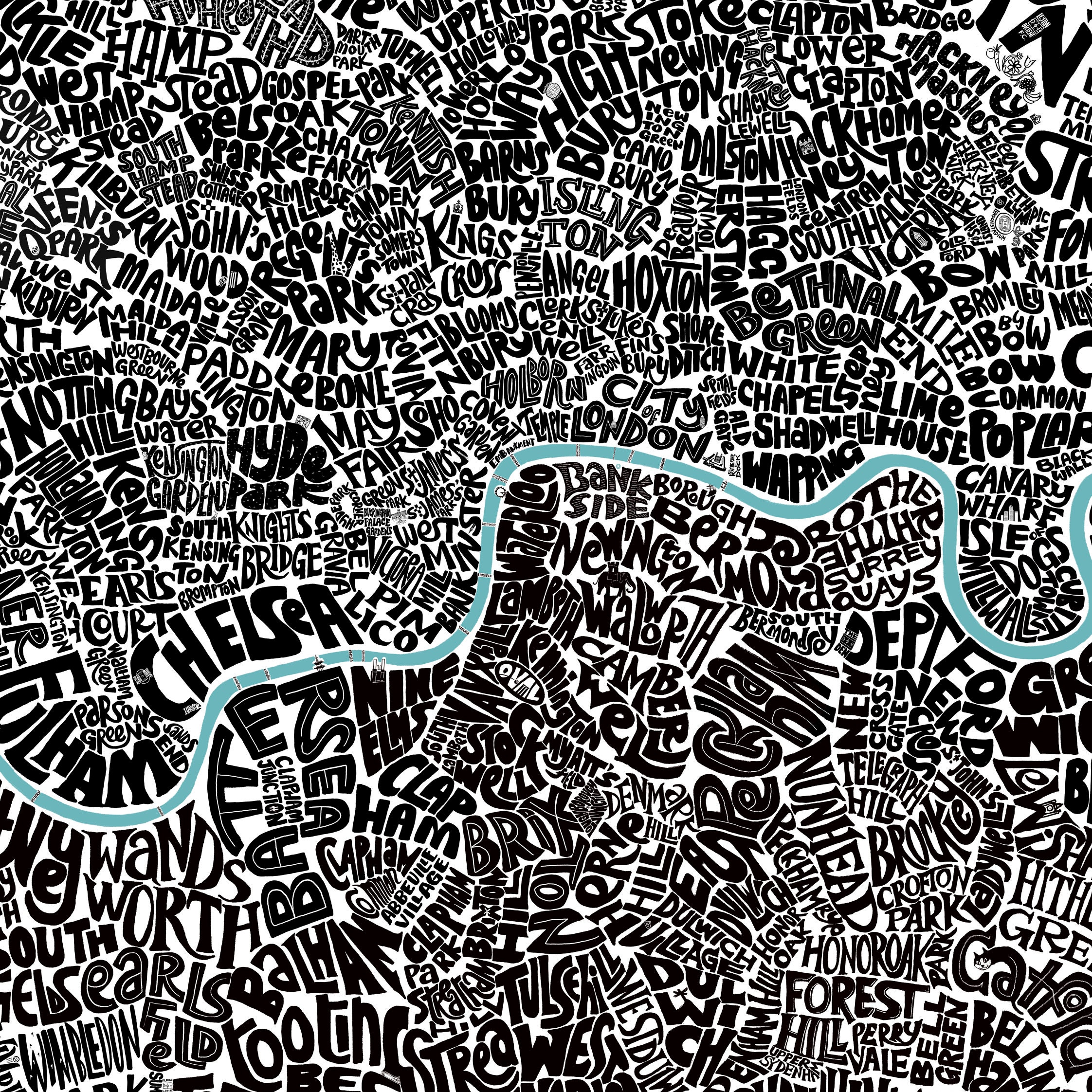 London Type Map Art Print / White Background / Hand Lettering ...