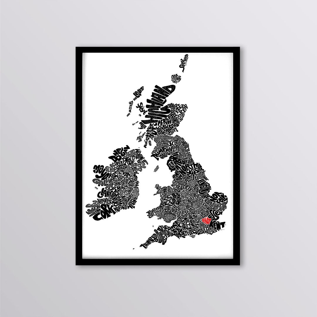 UK & Ireland Type Map Art Print / Hand Lettering / England / Wales ...