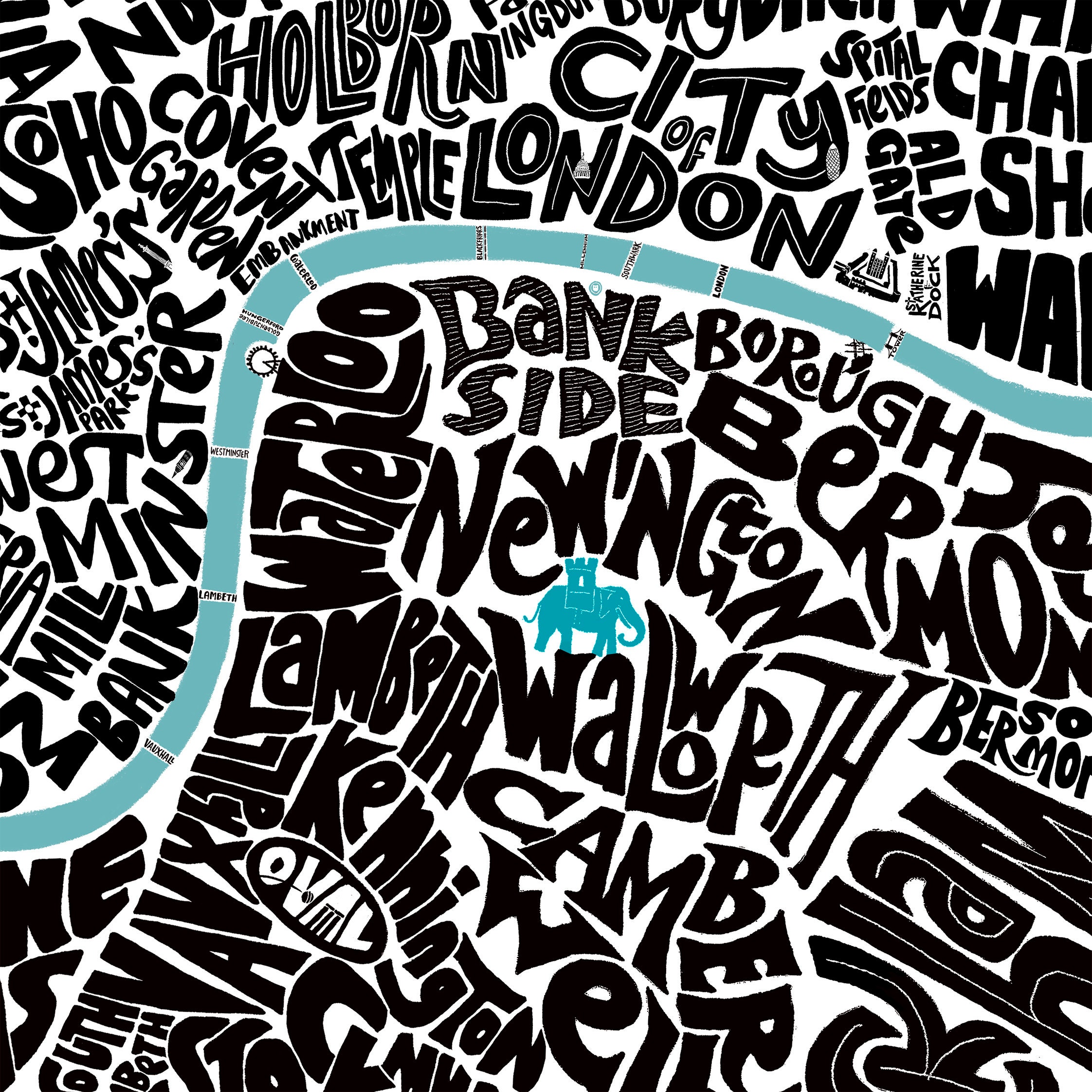 London Type Map Art Print / White Background / Hand Lettering ...