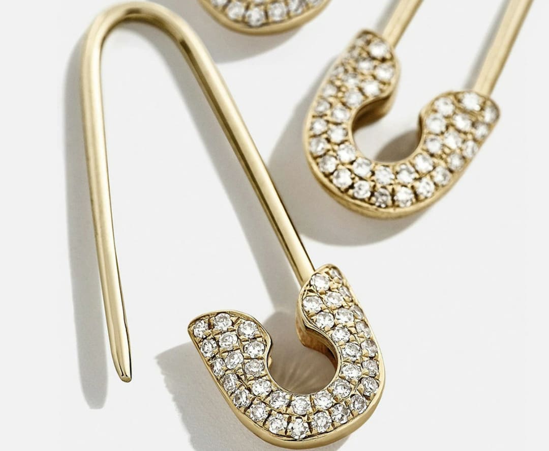 14K Gold Safety Pin Earrings, Safety Pin Earrings, Rhinestone Safety ...
