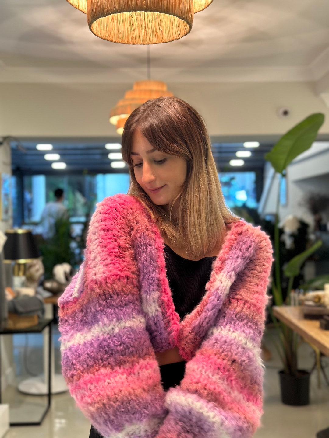 Glowbysely/ Pinky Rainbow Glow Cardigan/ Vegan Oversize Knitted Chunky ...