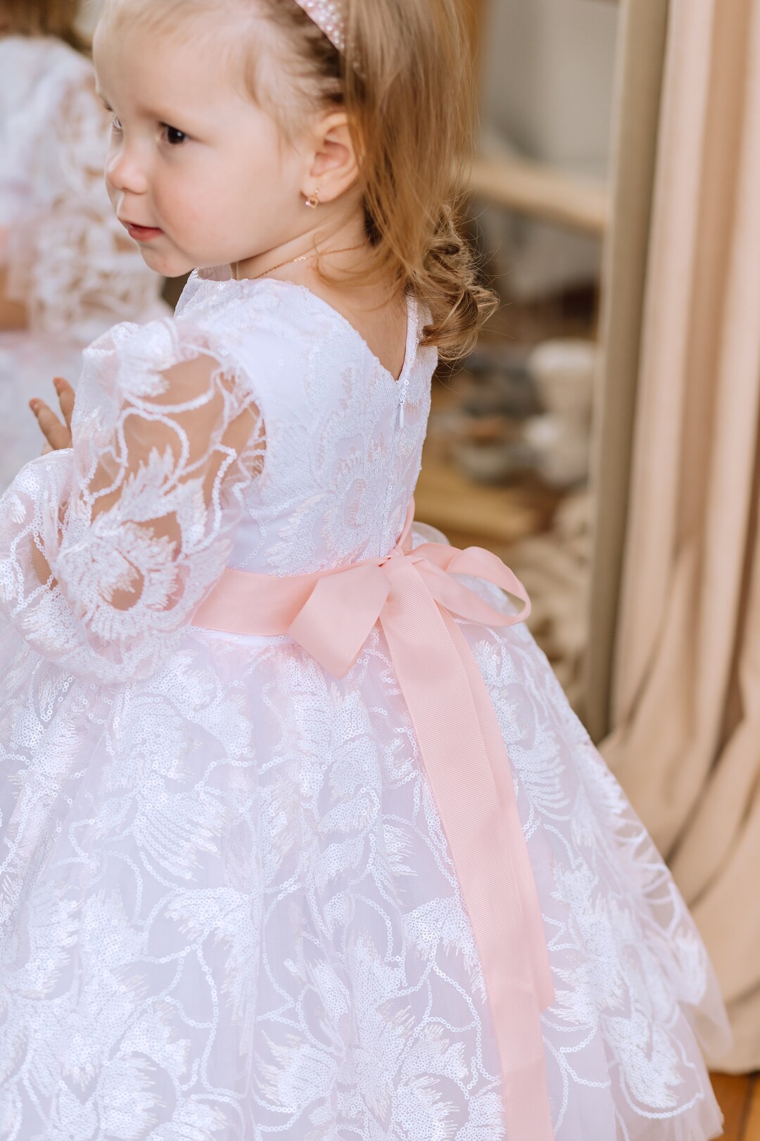 Blush Tulle Flower Girl Dress White Lace Flower Girl Dress Boho