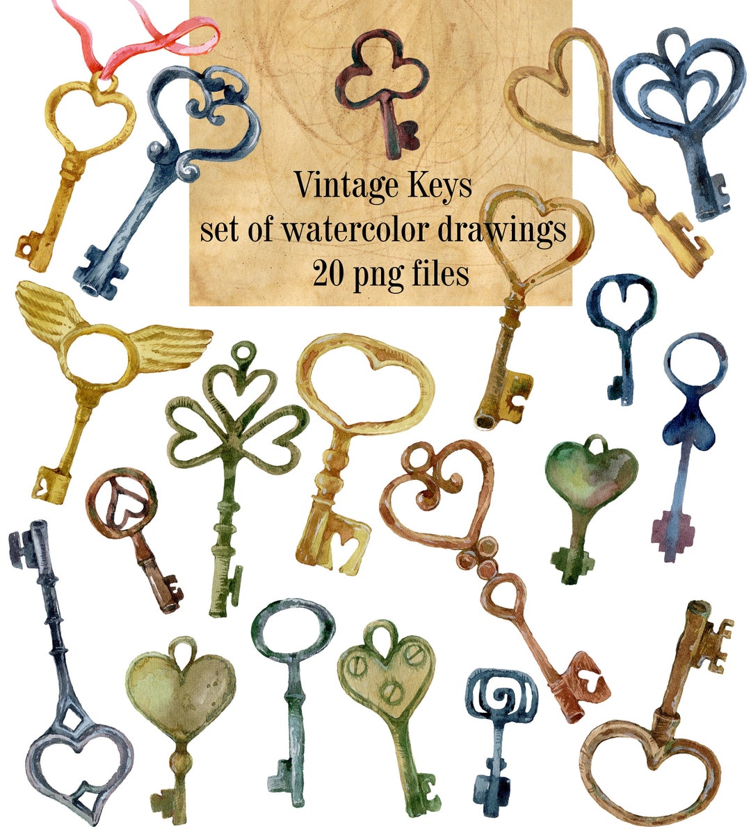 Watercolor Vintage Key Clipart Keys With Hearts Valentines Day Set ...