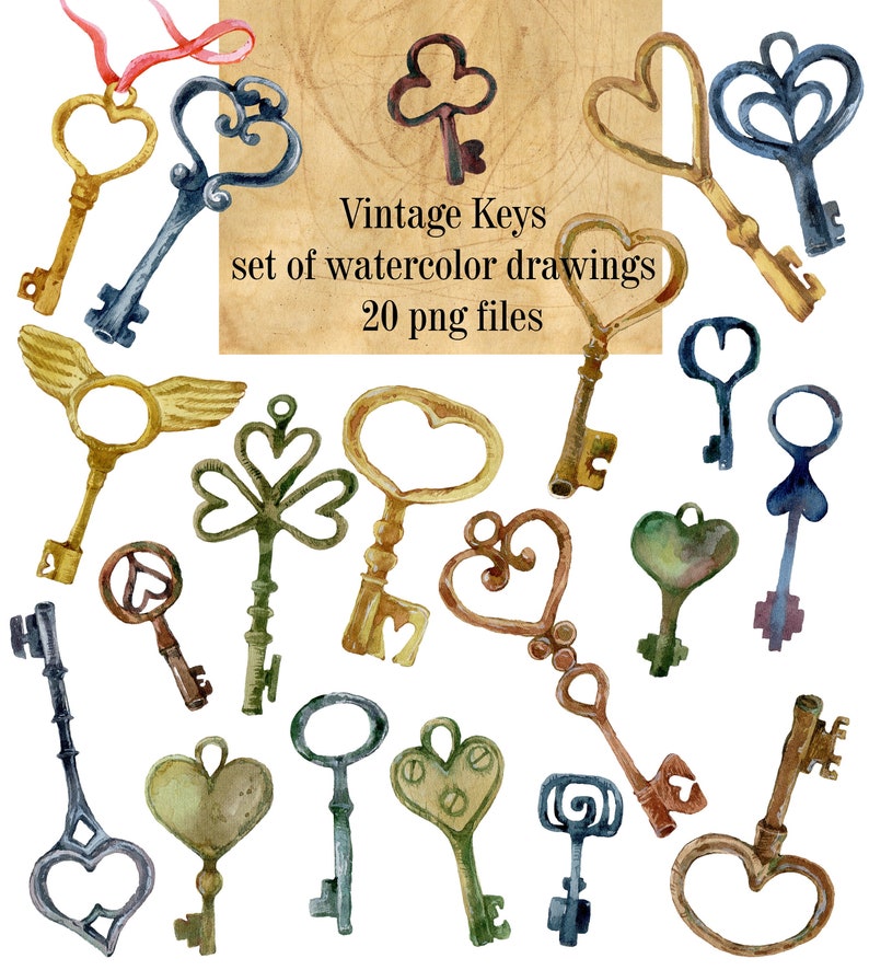 Watercolor Vintage Key Clipart Keys With Hearts Valentines Day Set ...