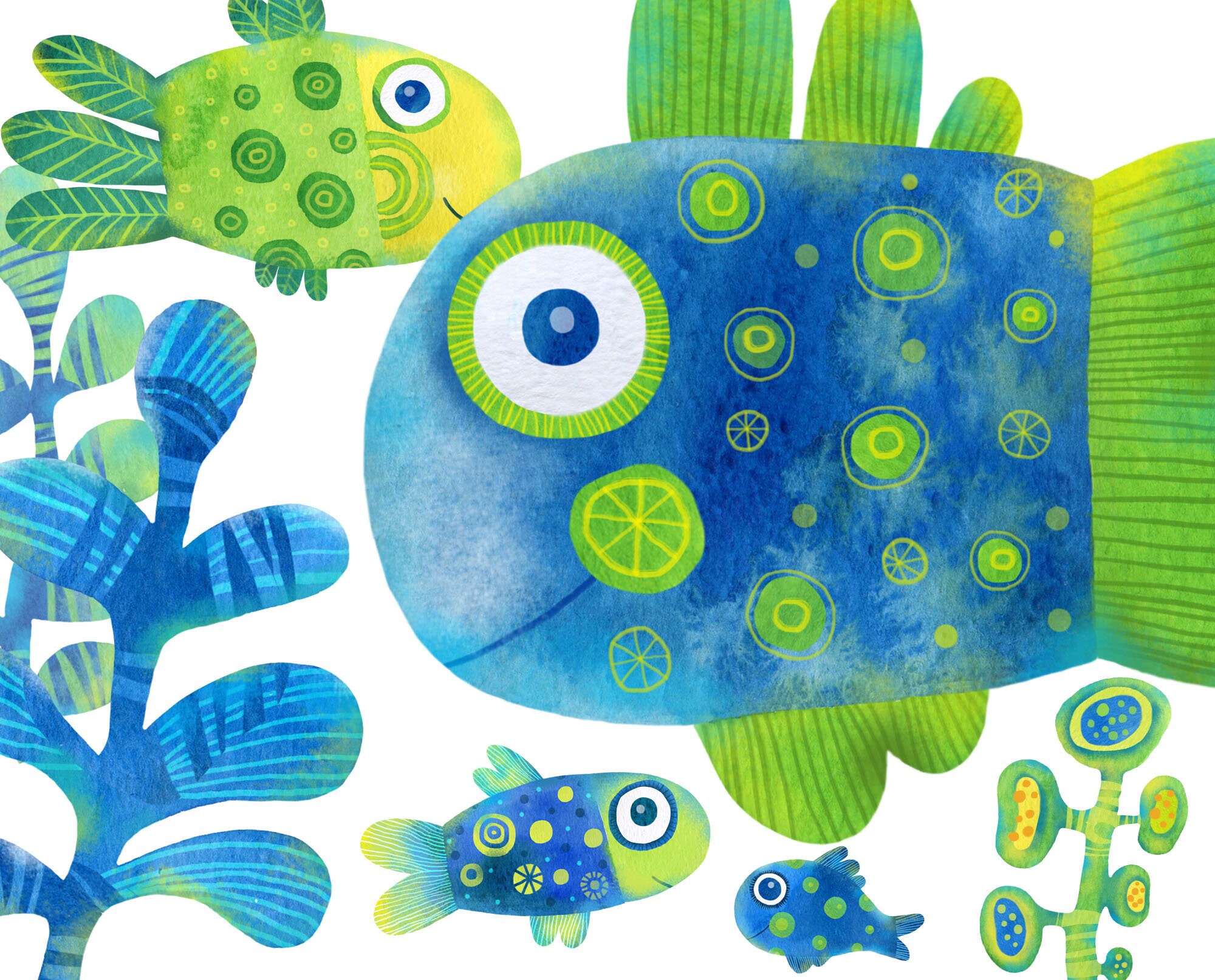 Watercolor Fish Clip Art Cute Fish and Snail Png Clipart Set of 14 ...