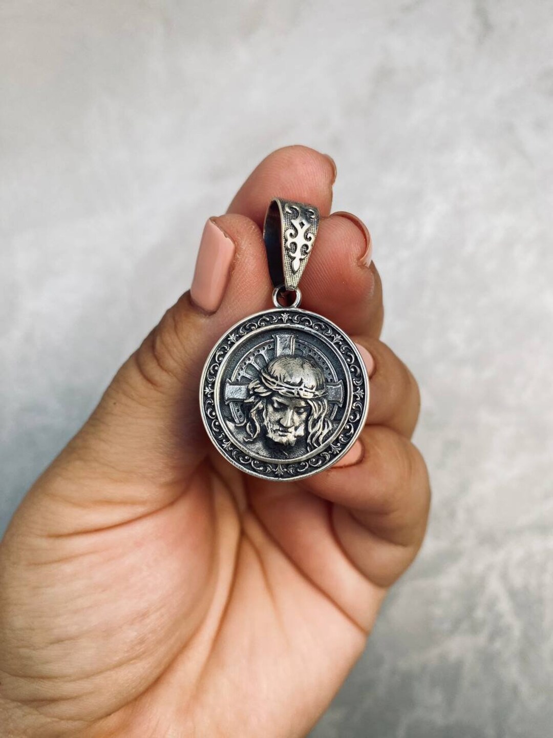 Silver Pendant Jesus With Crown of Thorns, Silver Jesus Medallion ...