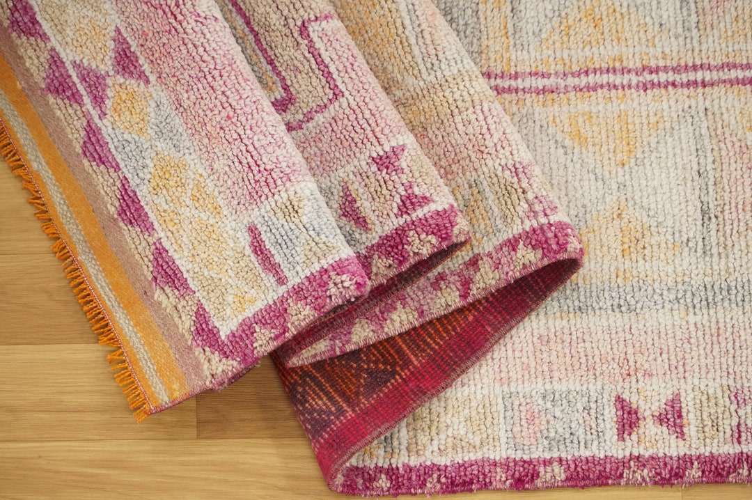 Handknotted Rug, Muted Pink Rug, Herki Runner Rug, Ikat Rug, Tribal Rug ...