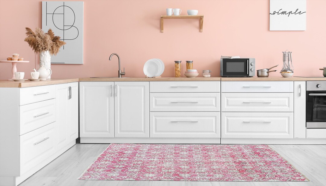 Blush Pink Rug, Handmade Area Rug, Wool Pile Rug, Botanical Rug, Retro ...