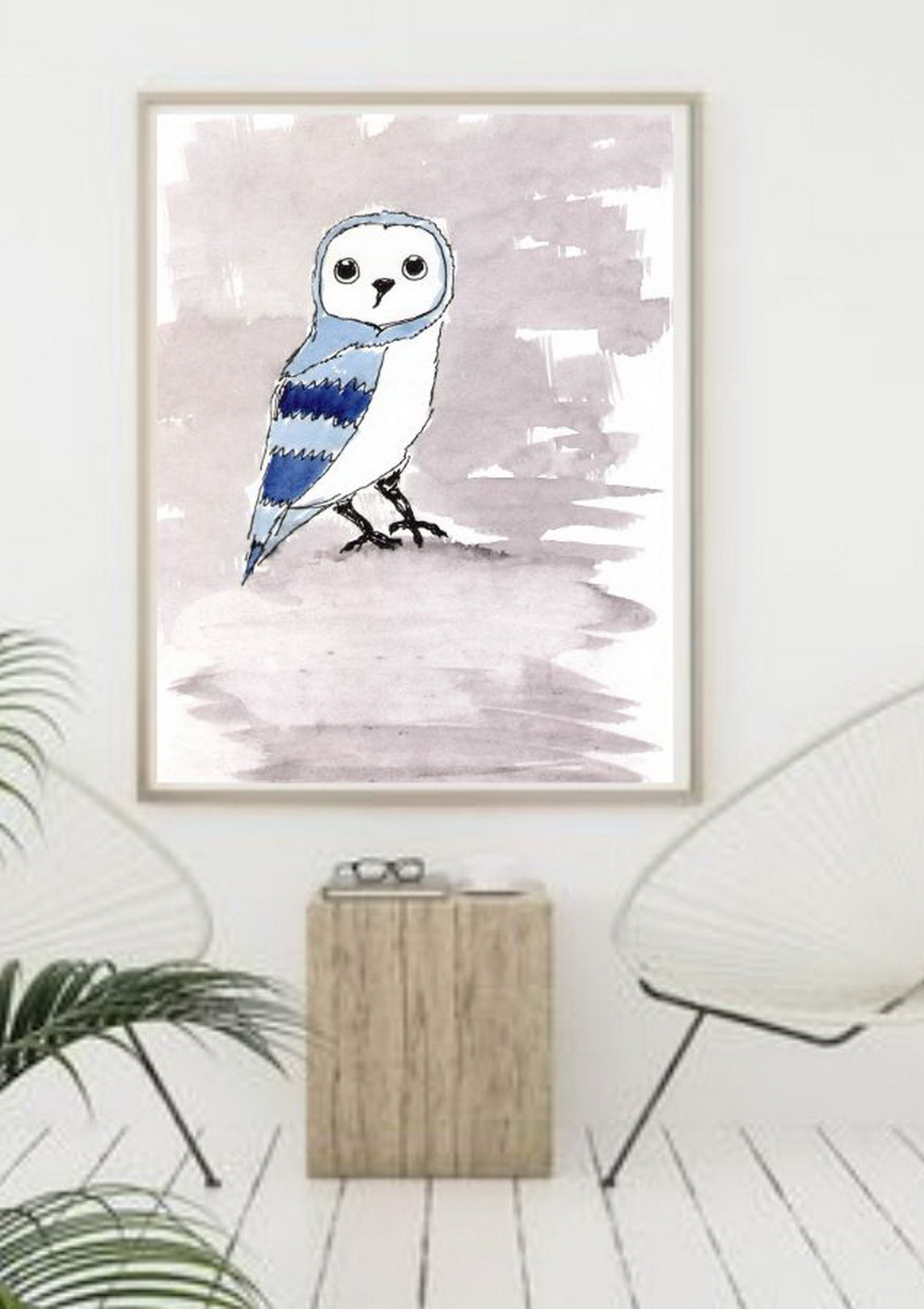 Blue Barn Owl Poster Blue Bird Owl Artprint Naive Owl Giclee - Etsy