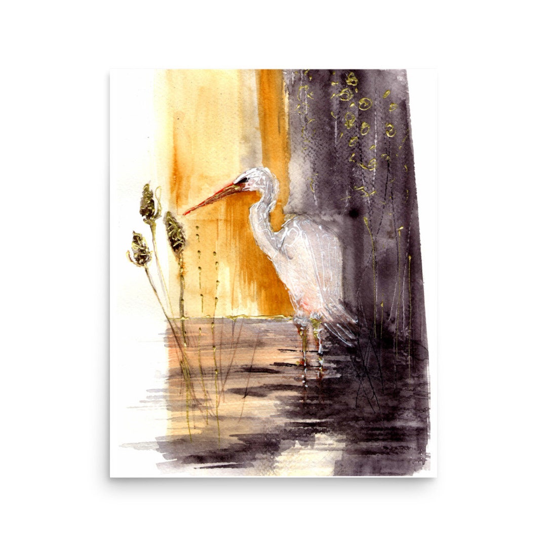 Great Egret Watercolor Print | Golden Abstract Heron Poster - Etsy