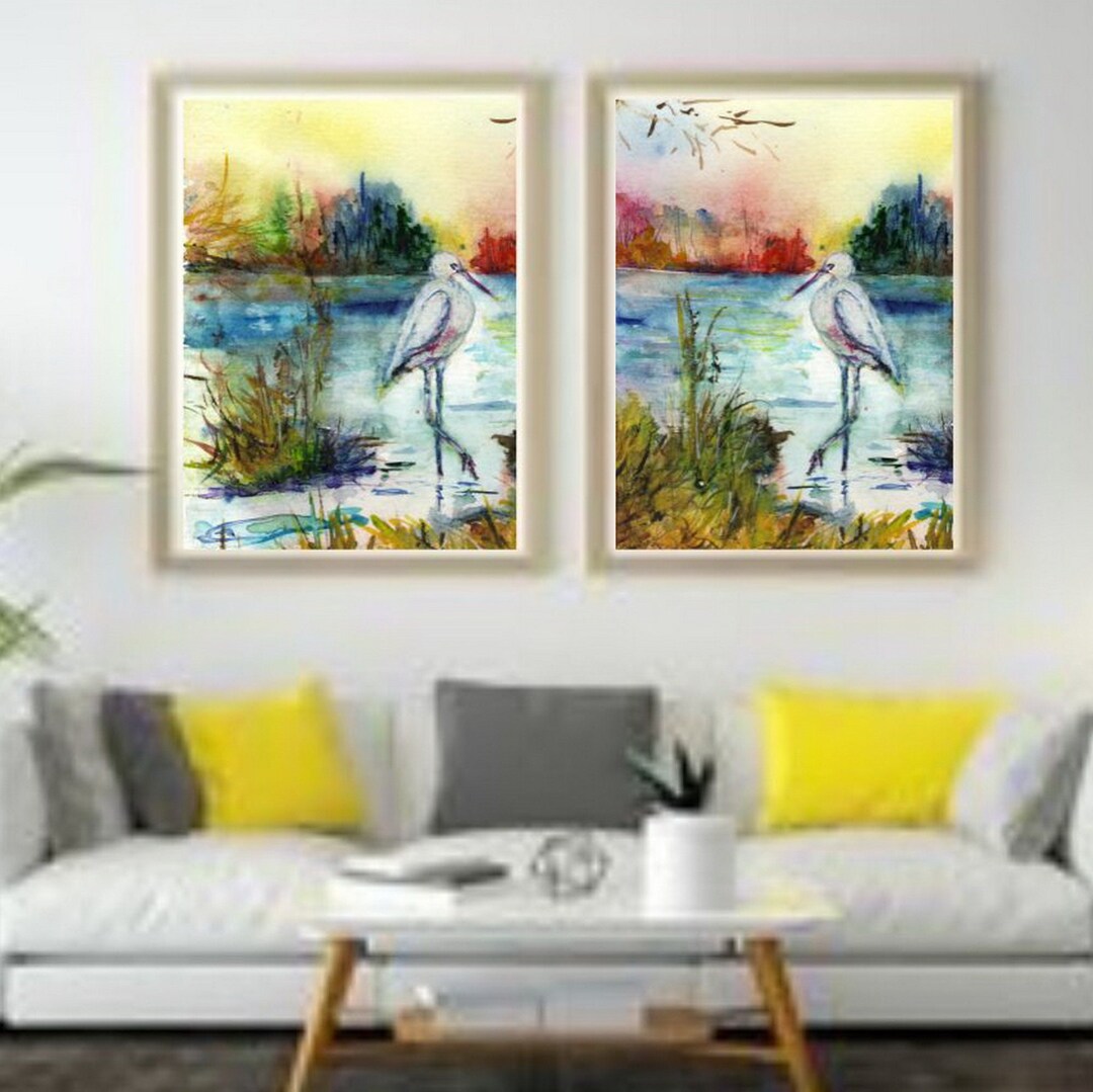 Set of Two Egret Bird Watercolor Print, Autumn Riverside Painting ...