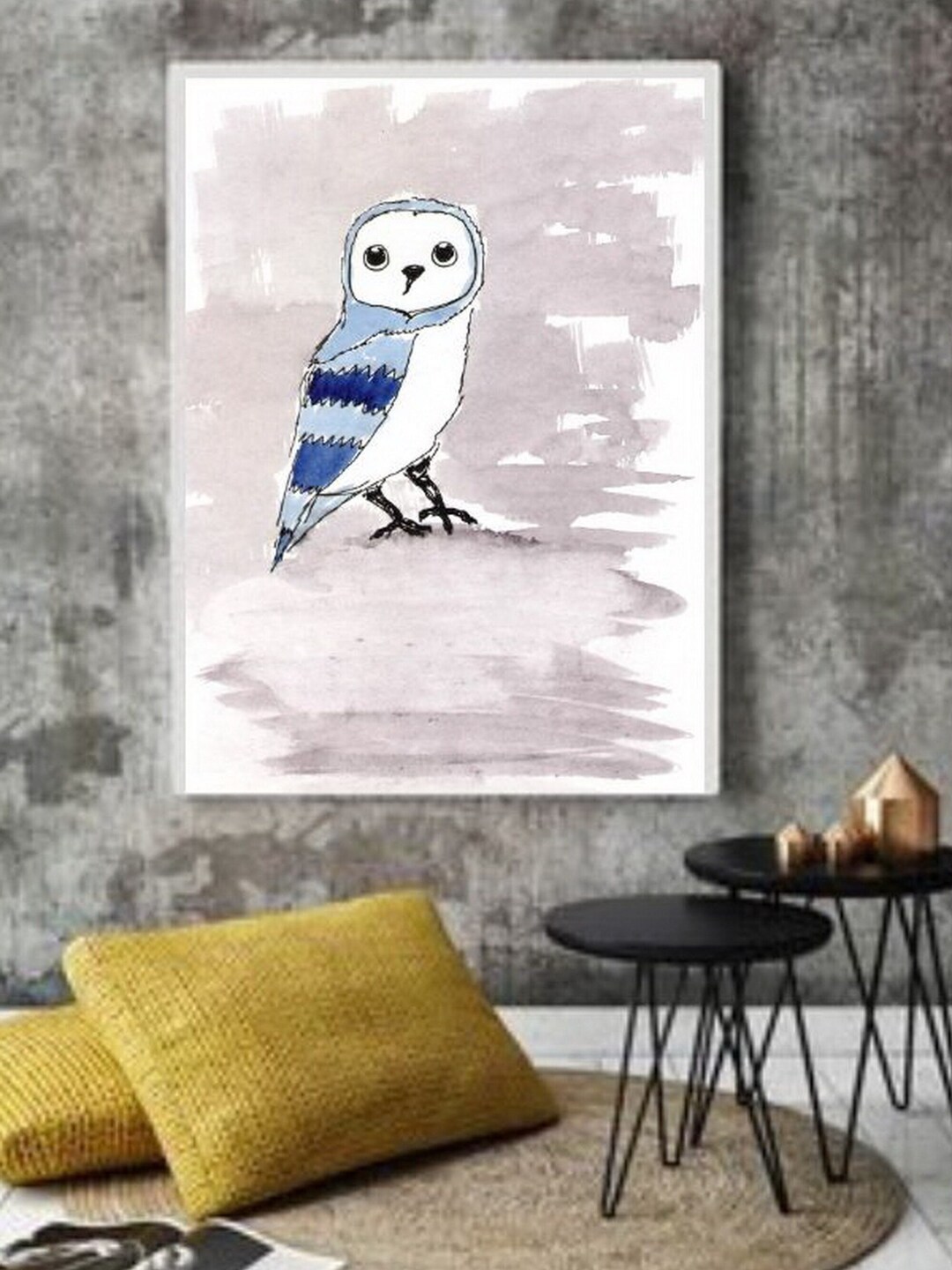 Blue Barn Owl Poster Blue Bird Owl Artprint Naive Owl Giclee - Etsy
