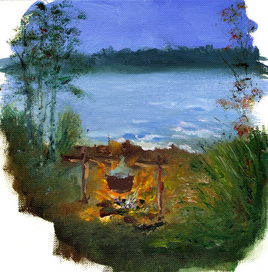 Campfire Poster Bonfire Print Camping Riverside Summer Landscape ...