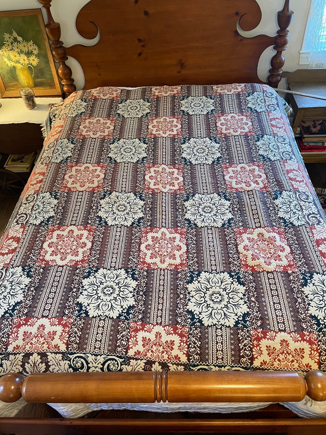 Fine American 1840s Double-weave Antique Coverlet in Blue, Deep Orange ...