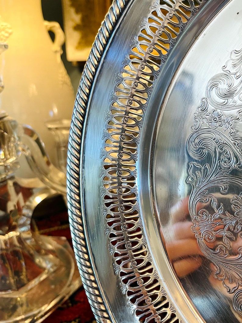 Vintage Silver Plate Decanter Tray: William Rogers Etched Gallery Tray ...