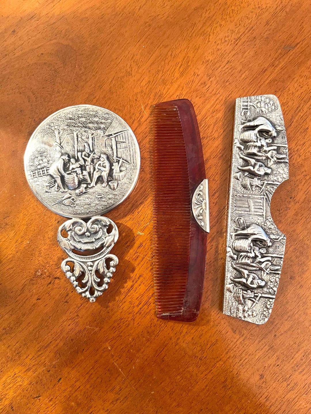 Antique 1930s Pocket Mirror & Comb Set, Reposse Silverplate Dresser Set ...