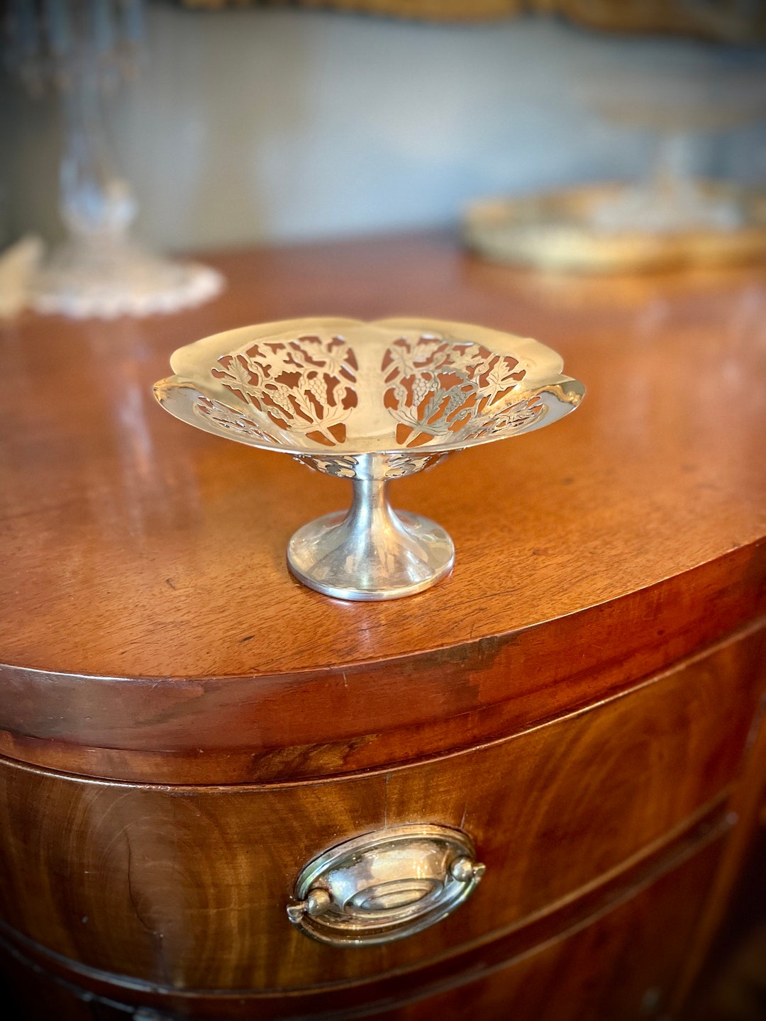 Small Antique Silver-plate Pedestal Filigree Dish, Grapevine Motif ...