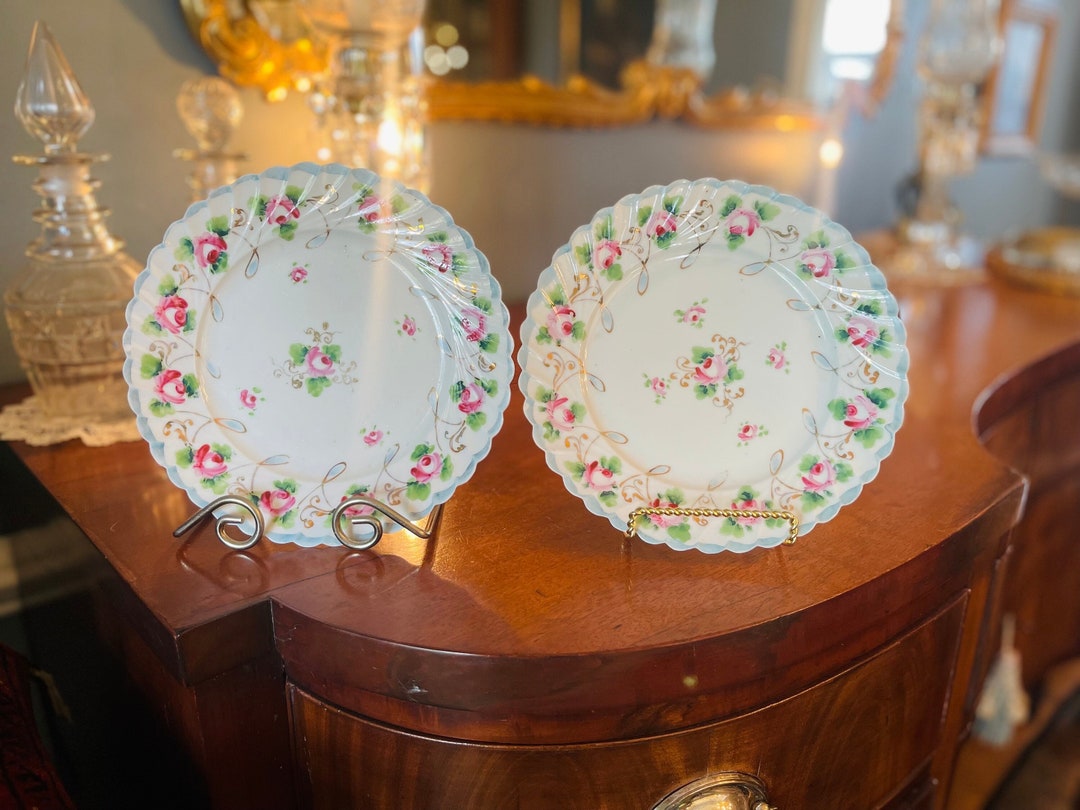 Pair Victorian Hand Painted Rose Plates, Gold Gilt, Flower Plates ...
