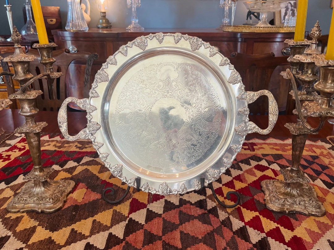 Antique Silver Serving Tray, Butlers Tray, Grape Vine Design, Wine ...