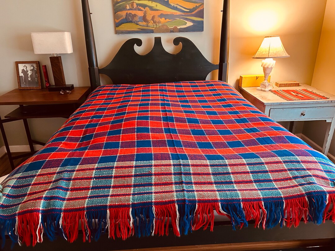 Antique Primitive Single Weave Block Twill Wool Blanket Coverlet in Red ...