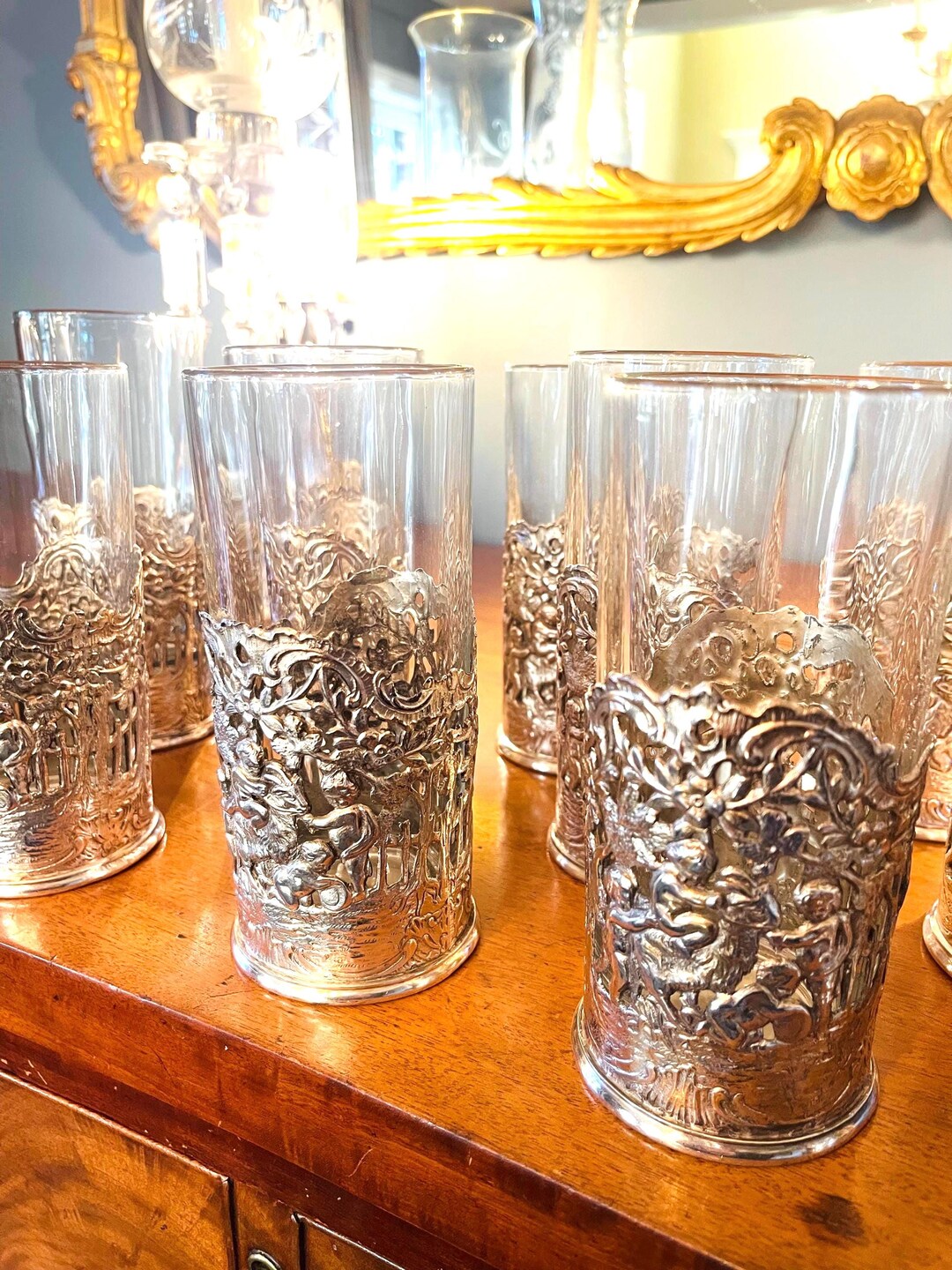 12 Victorian Gothic Filigree Silverplate Glass Holders and Glasses ...