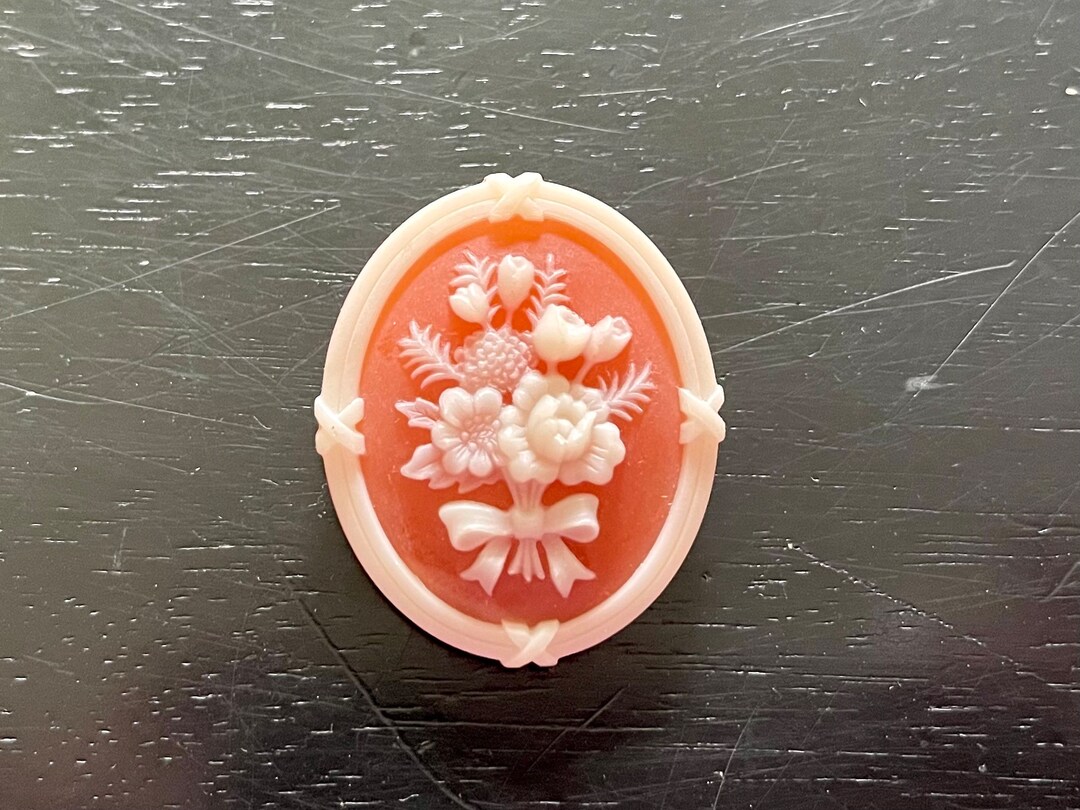 Vintage Cameo Brooch, Flower Bouquet Brooch, Metal and Red and White ...